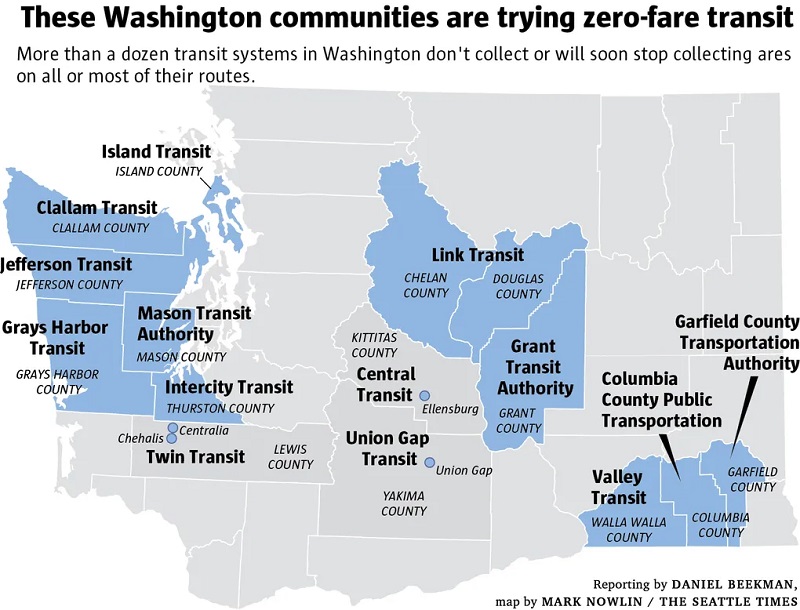 Map of Zero-Fare Systems in Washington